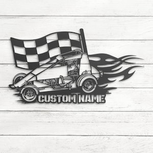 Custom Racing Flag Sprint Car Metal Wall Art LED Lights Personalized ...