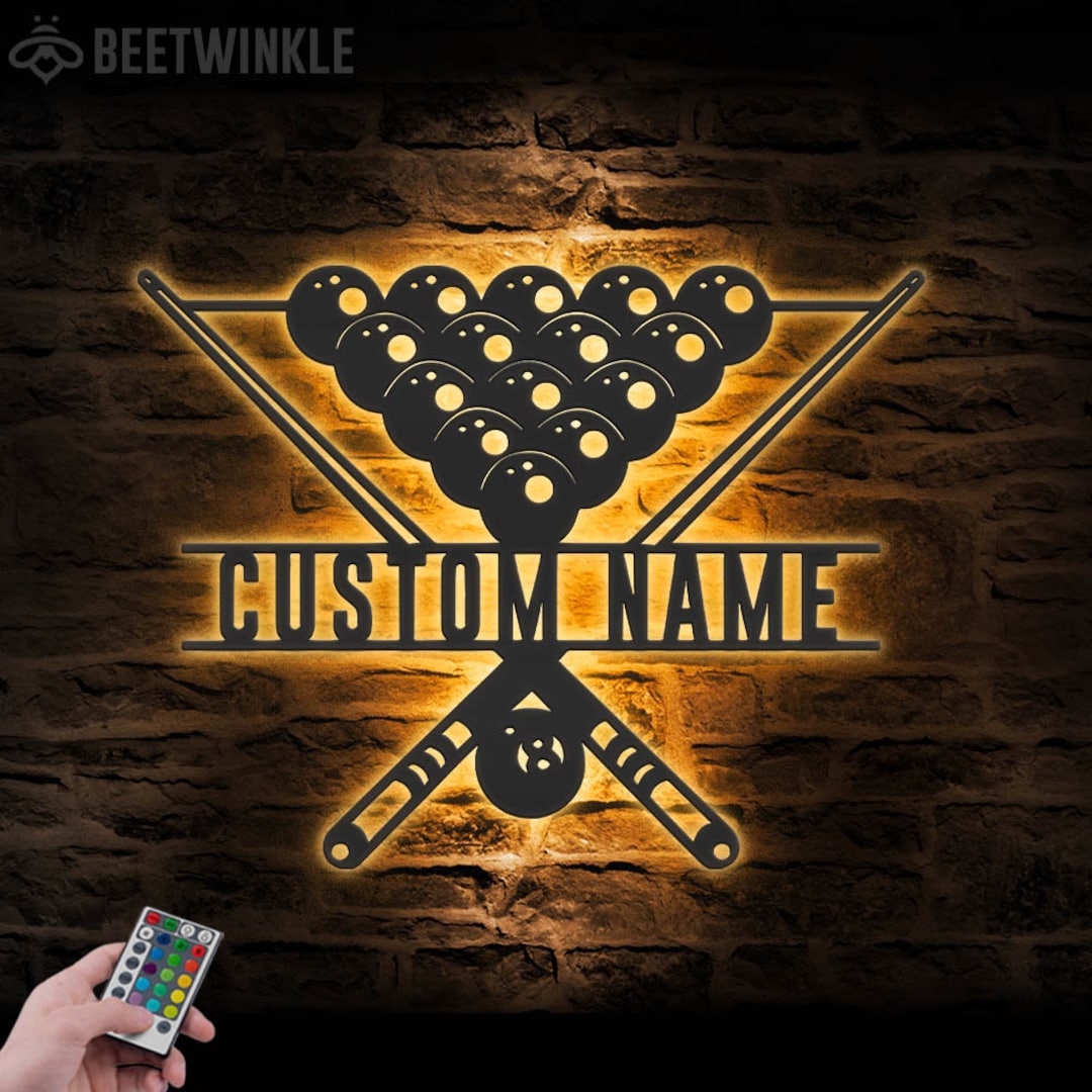 Custom Billiards Metal Wall Art With LED Light Personalized Snooker ...