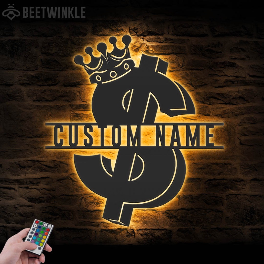 Custom Dollar Money Symbol Metal Wall Art LED Light Personalized ...