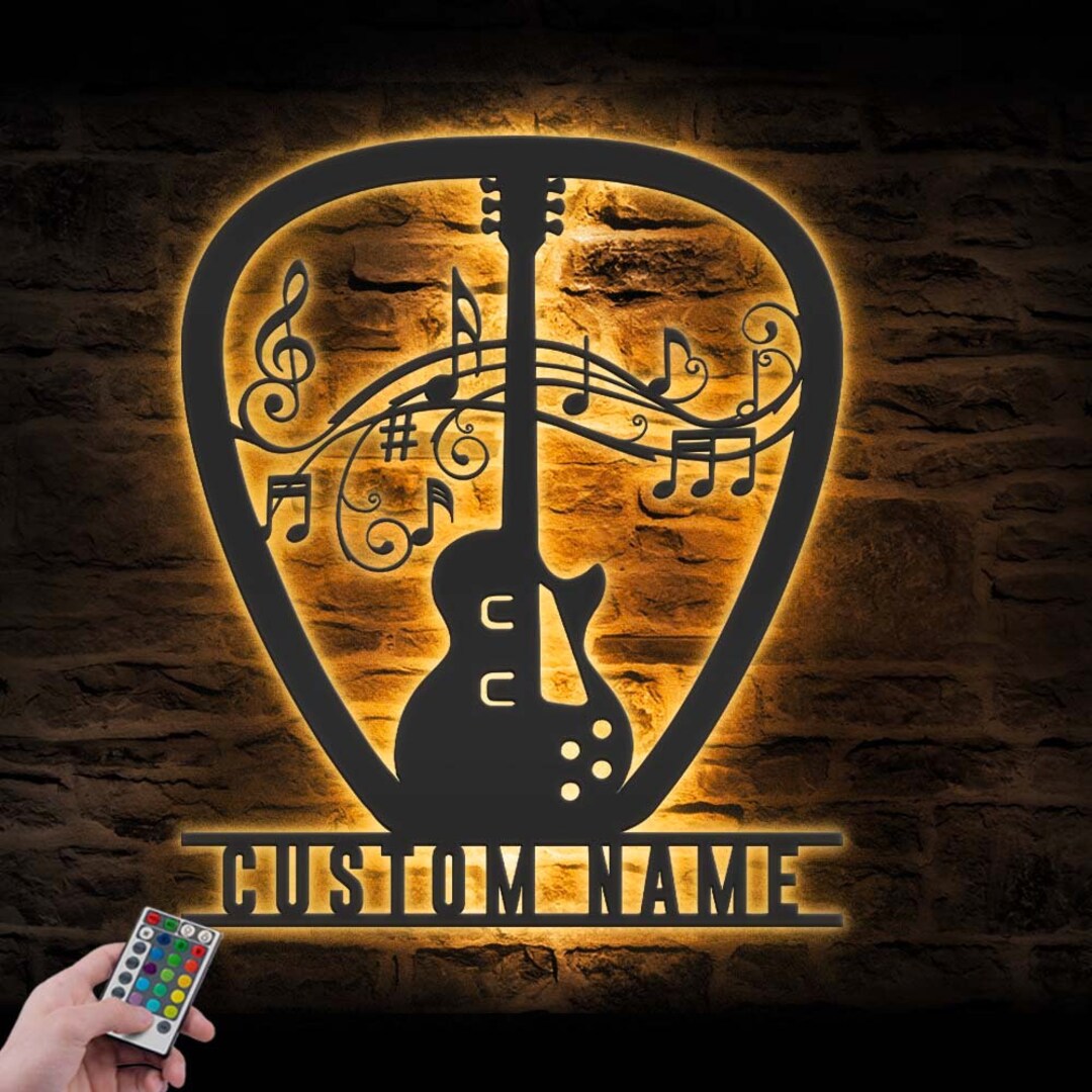 Custom Guitar Pick Metal Wall Art LED Light Personalized Guitar Player ...