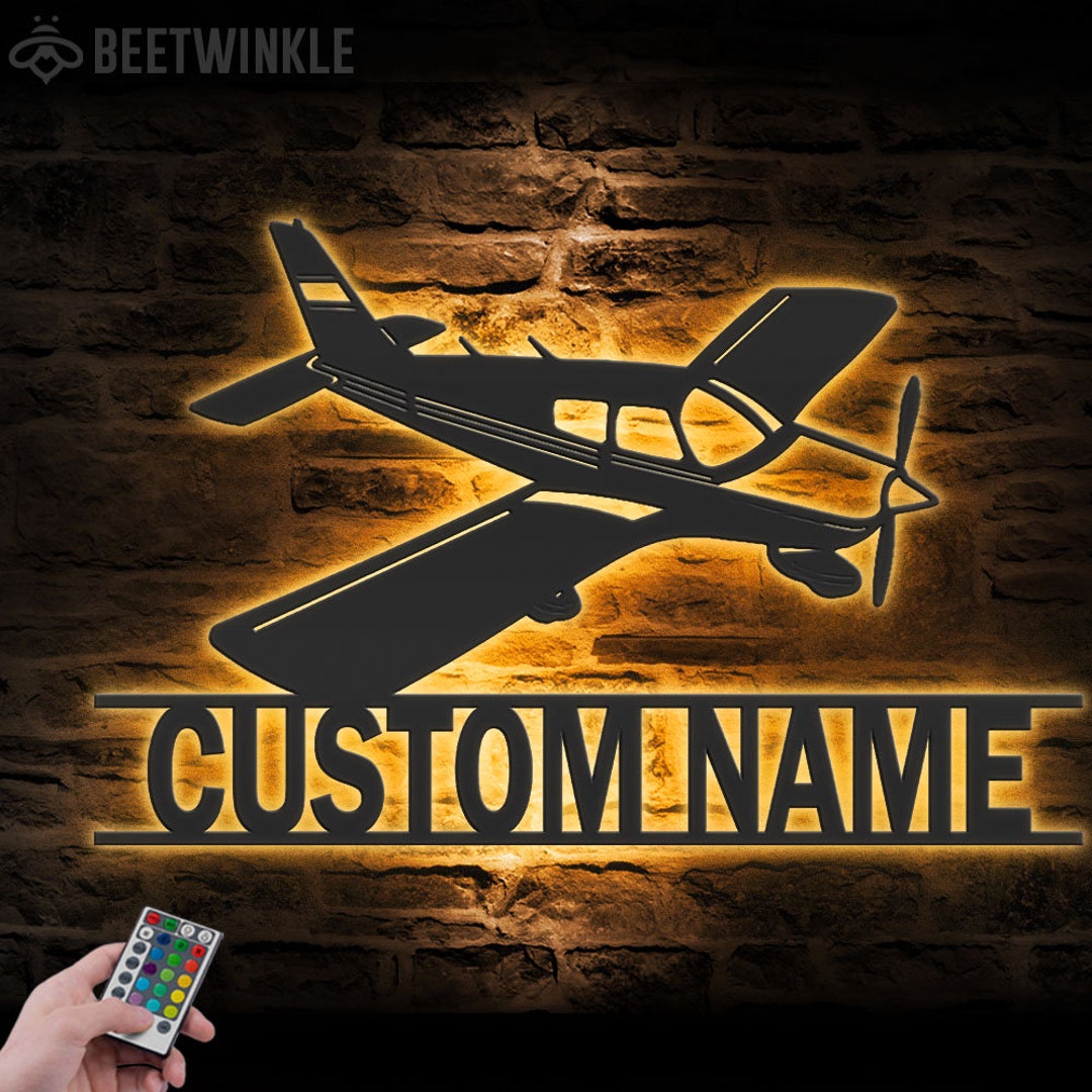 Custom Airplane Metal Wall Art LED Light Personalized Pilot Name Sign ...