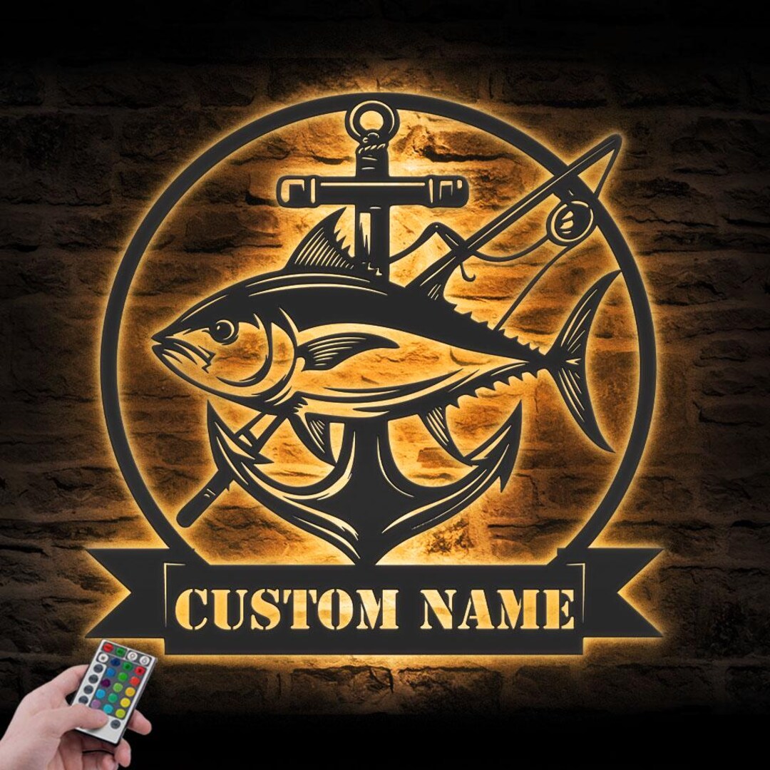 Custom Anchor Tuna Fishing Rod Metal Wall Art LED Light Personalized ...