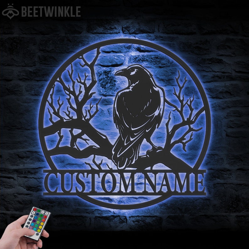Custom Raven Metal Wall Art With LED Light Personalized Crow - Etsy