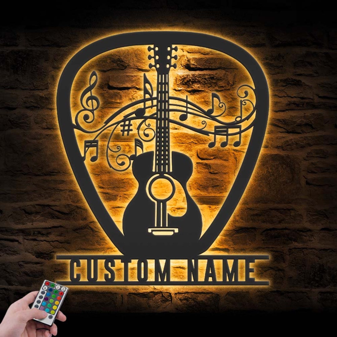 Custom Guitar Pick Metal Wall Art LED Light Personalized Guitar Player ...