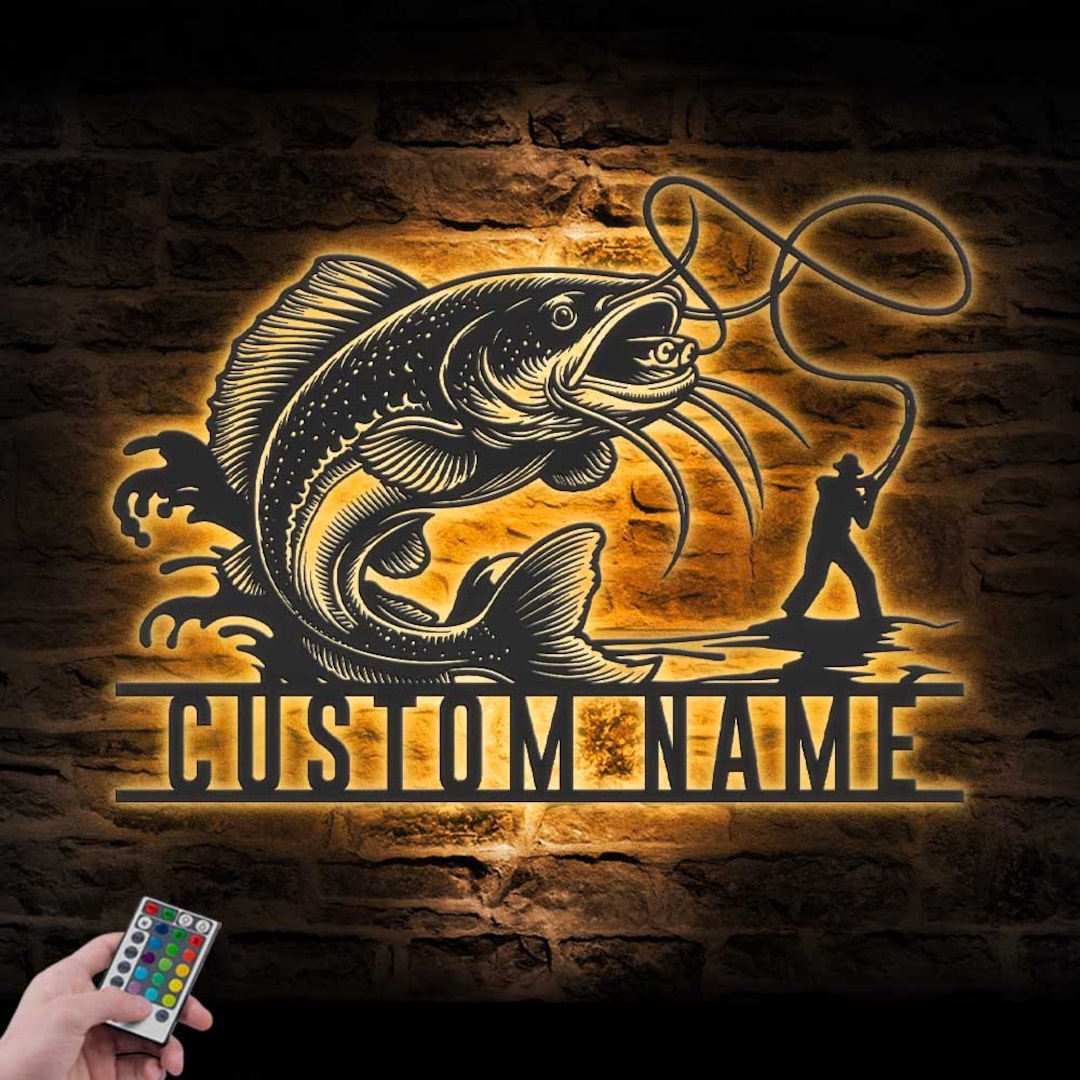 Custom Catfish Fishing Metal Wall Art LED Light Personalized Fisher ...