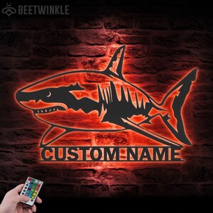 Custom Great White Shark Metal Wall Art LED Light Personalized Shark ...