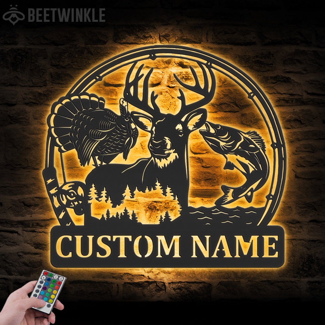 Custom Deer Turkey and Bass Fishing Metal Wall Art LED Light ...