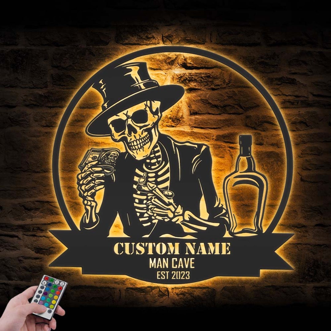 Custom Skeleton Bourbon Cigar Dollars Metal Wall Art LED Light ...