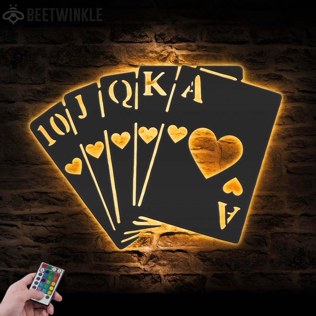 Poker Cards Casino Metal Wall Art LED Light Playing Card Room Sign Home ...