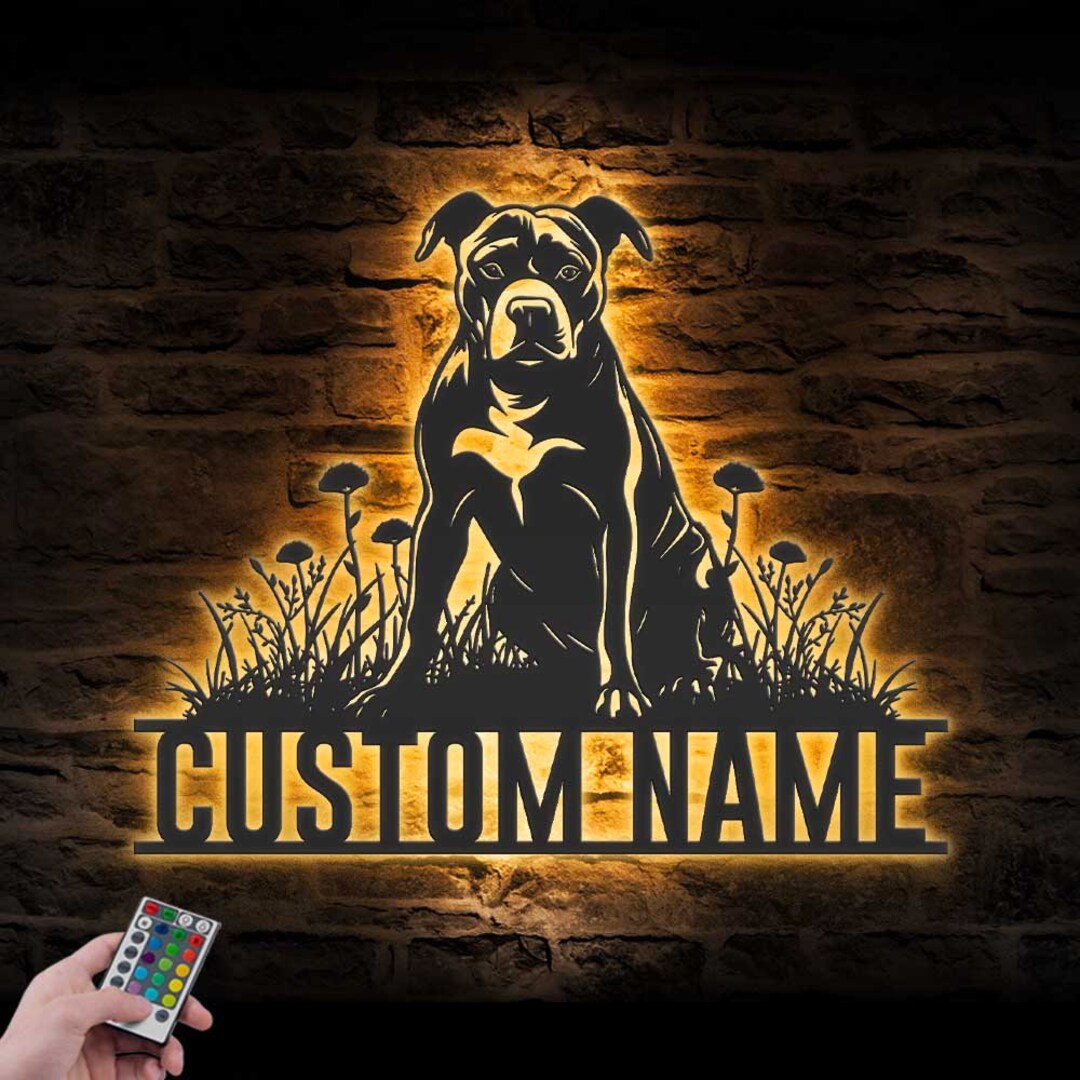 Custom American Pitbull Metal Wall Art LED Light Personalized Dog Lover ...
