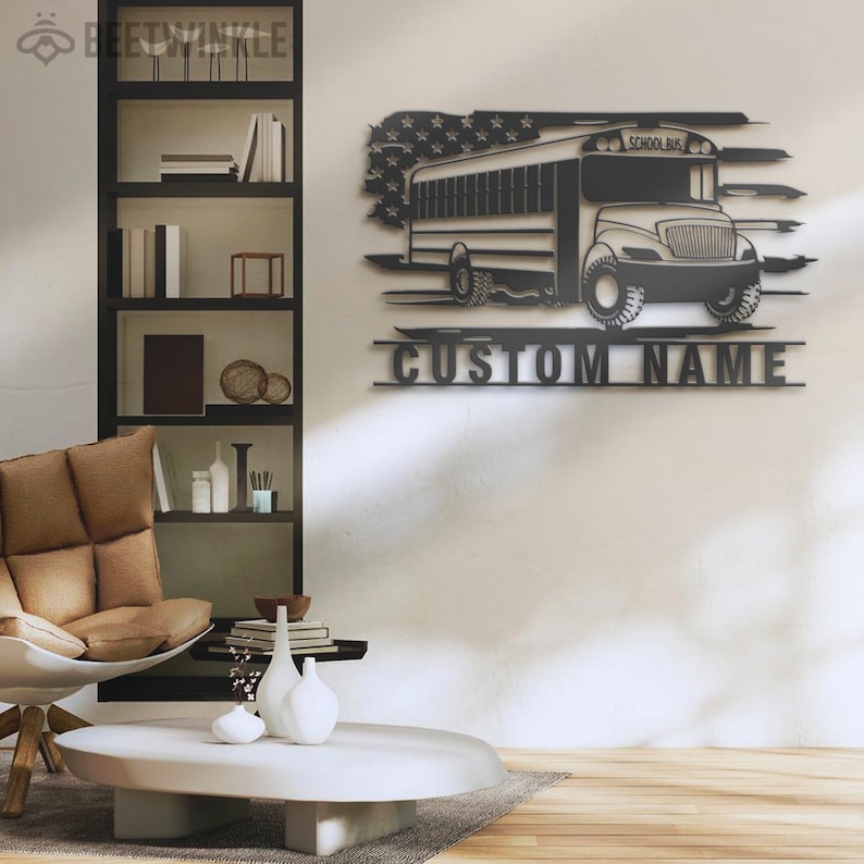 Custom US School Bus Metal Wall Art LED Light Personalized Bus Driver ...