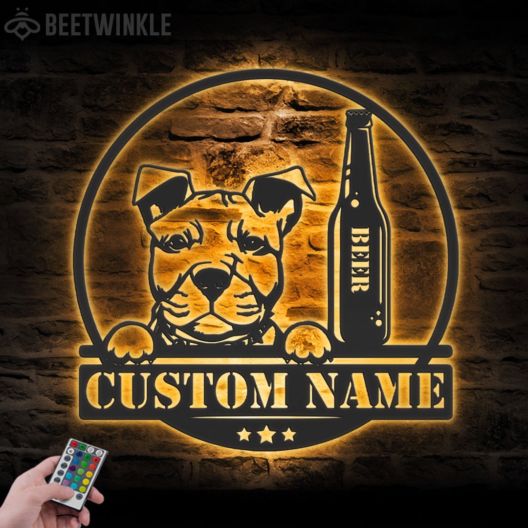 Custom Pitbull Beer Bar Metal Wall Art LED Light Personalized Beer Pub ...