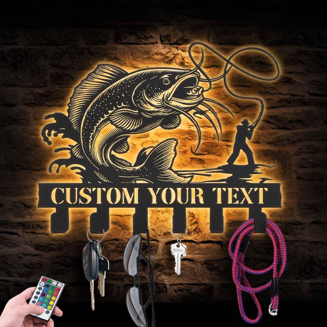 Custom Catfish Fishing Key Holder Metal Wall Art LED Light Personalized ...