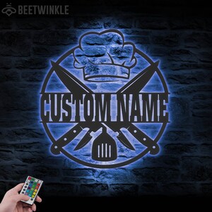 Custom Chef Logo Metal Wall Art LED Light Personalized Backyard Cooking ...