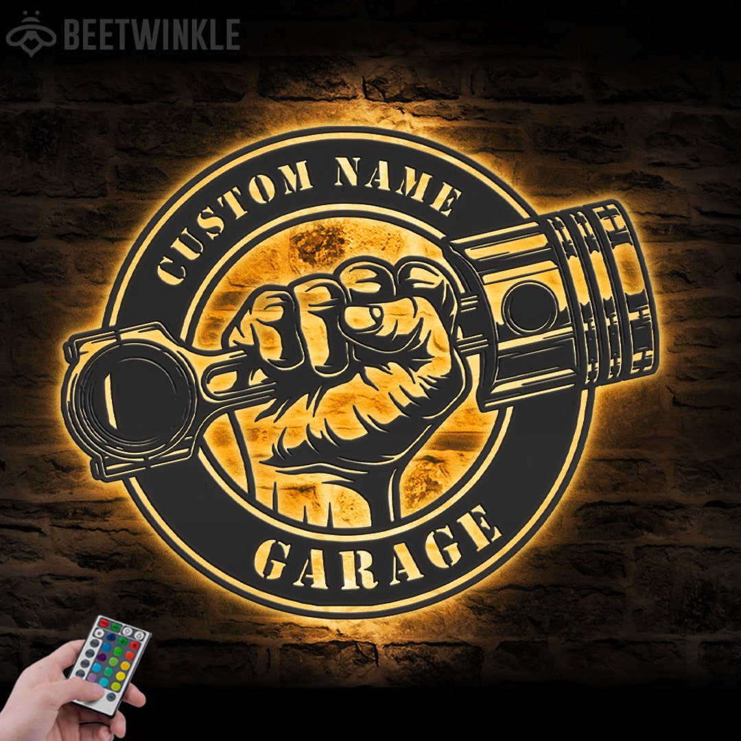 Custom Garage Metal Wall Art LED Light Personalized Workshop Name Sign ...
