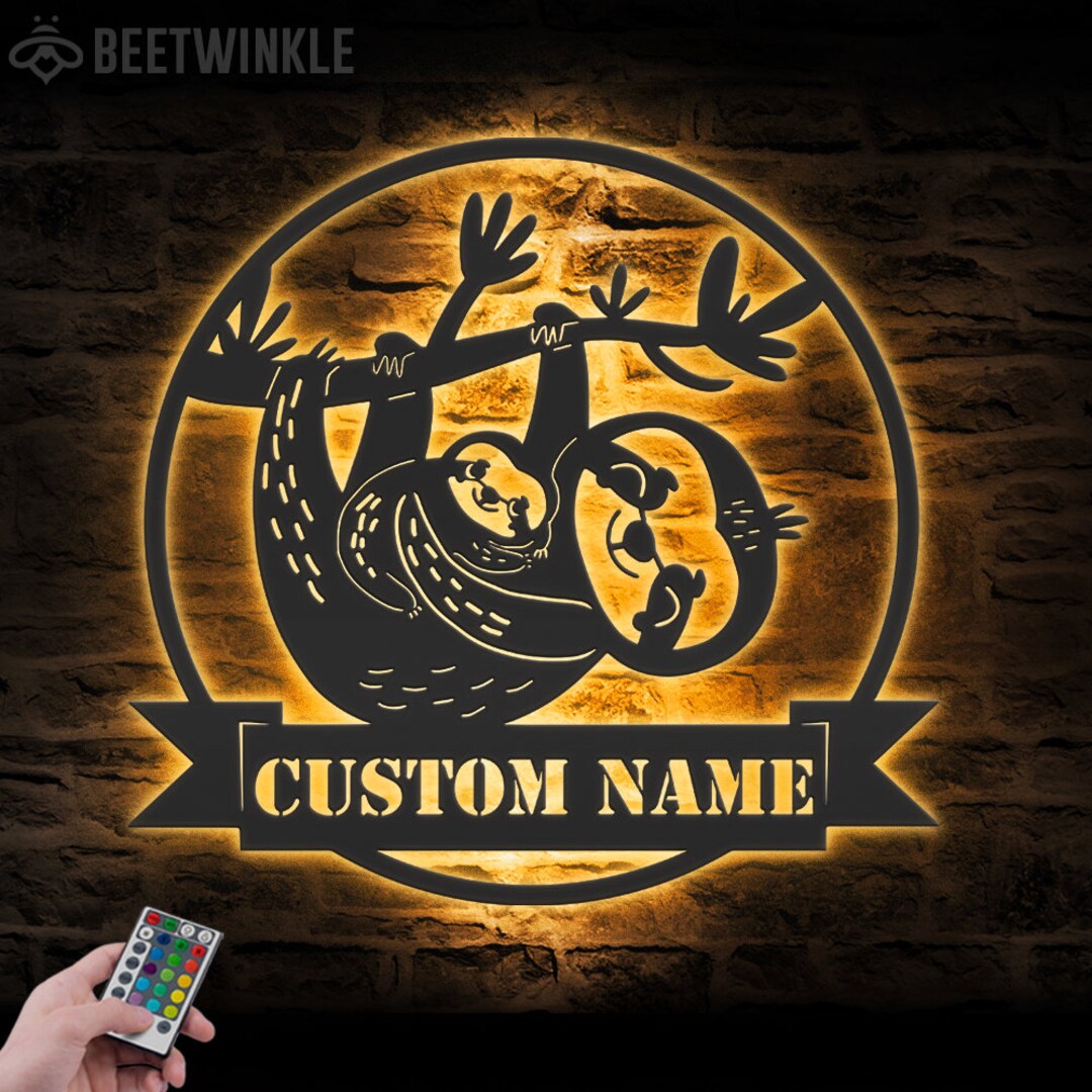 Custom Mom and Child Sloth Metal Wall Art LED Light Personalized Sloth ...