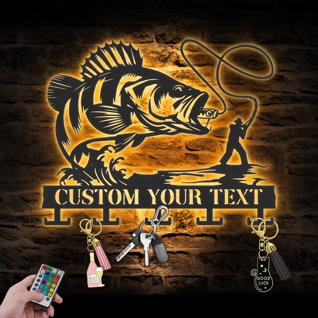 Custom Perch Fishing Key Holder Metal Wall Art LED Light Personalized ...