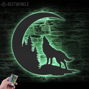 Wolf on the Moon Metal Wall Art LED Light Howling Wolf Sign Home Decor ...