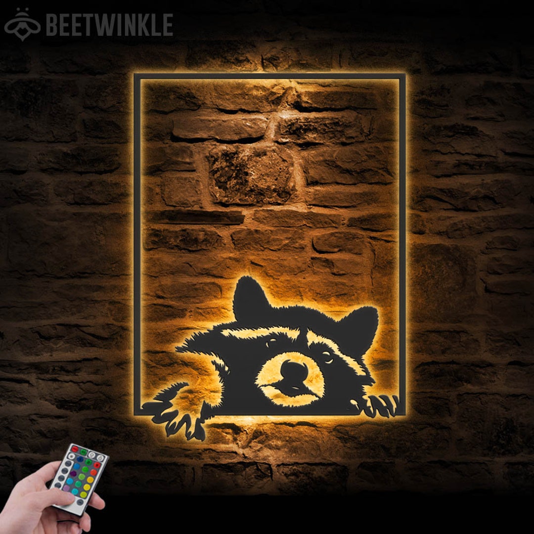 Raccoon Metal Wall Art With LED Light Woodland Animal Sign Home Decor ...