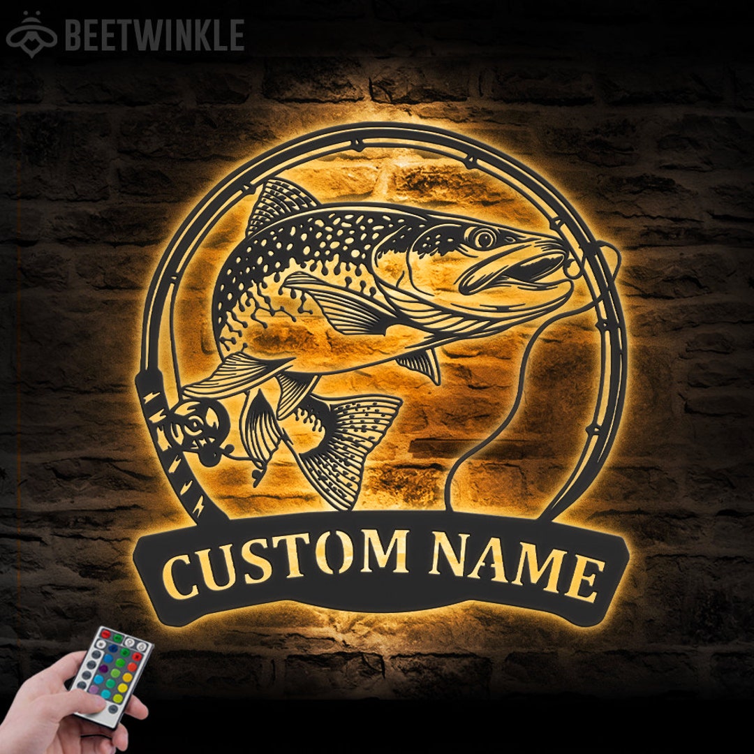Custom Trout Fishing Metal Wall Art LED Light Personalized Fisher Name ...
