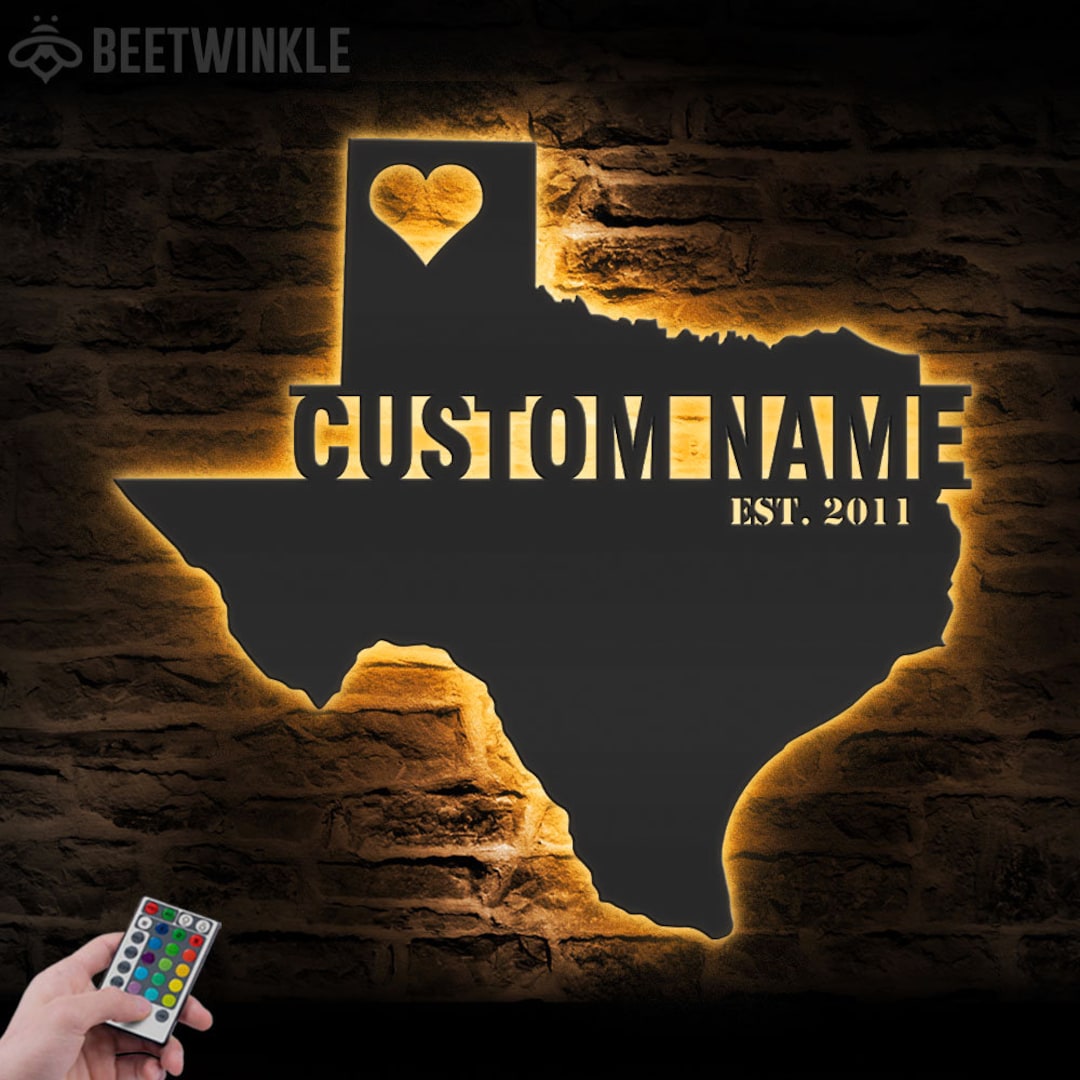 Custom Texas Map Metal Wall Art LED Light Personalized Texas State Name ...