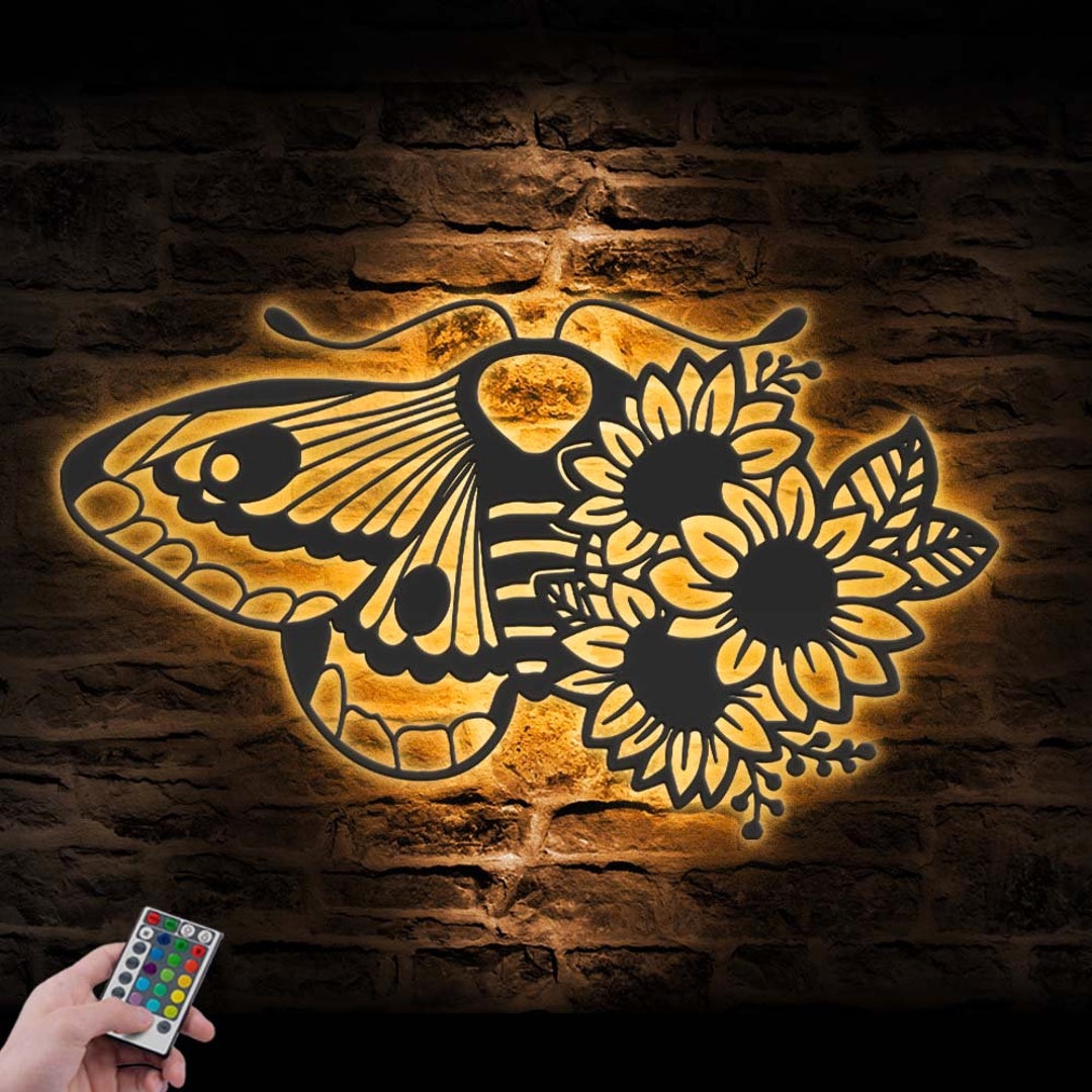 Sunflower Moth Butterfly Metal Wall Art With LED Light Emo Goth ...