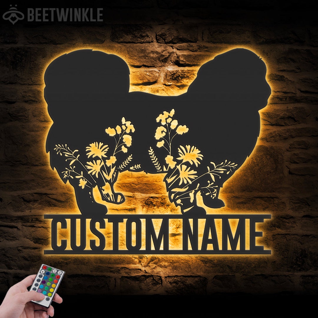 Custom Floral Pekingese Metal Wall Art LED Light Personalized Wild ...