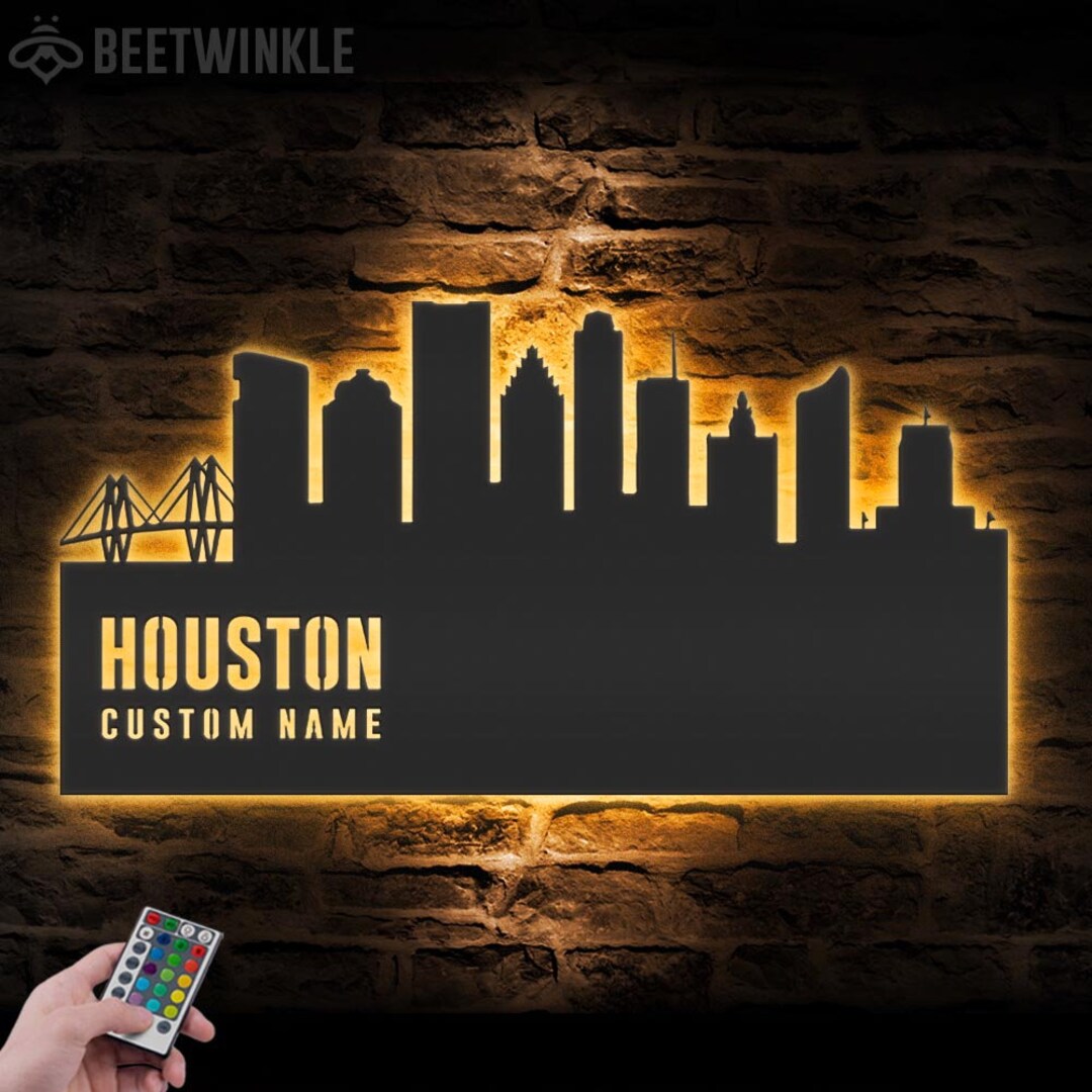 Custom Houston Skyline Metal Wall Art LED Light Personalized Texas Home ...