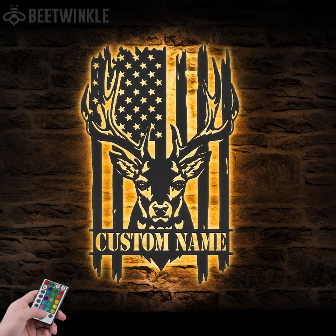 Custom US Patriotic Deer Hunting Metal Wall Art LED Light Personalized ...