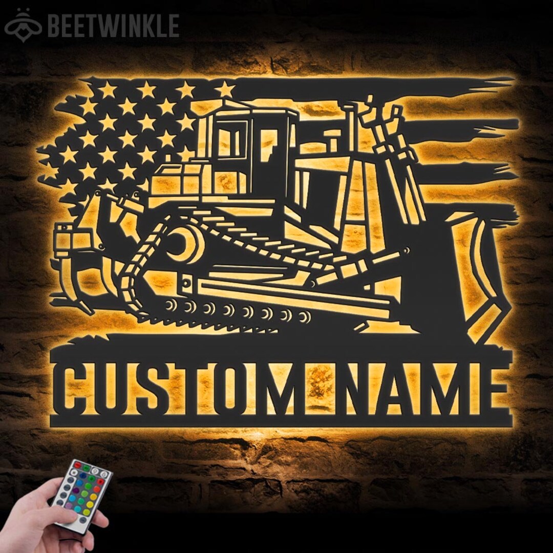 Custom US Bulldozer Driver Metal Wall Art LED Light Personalized ...