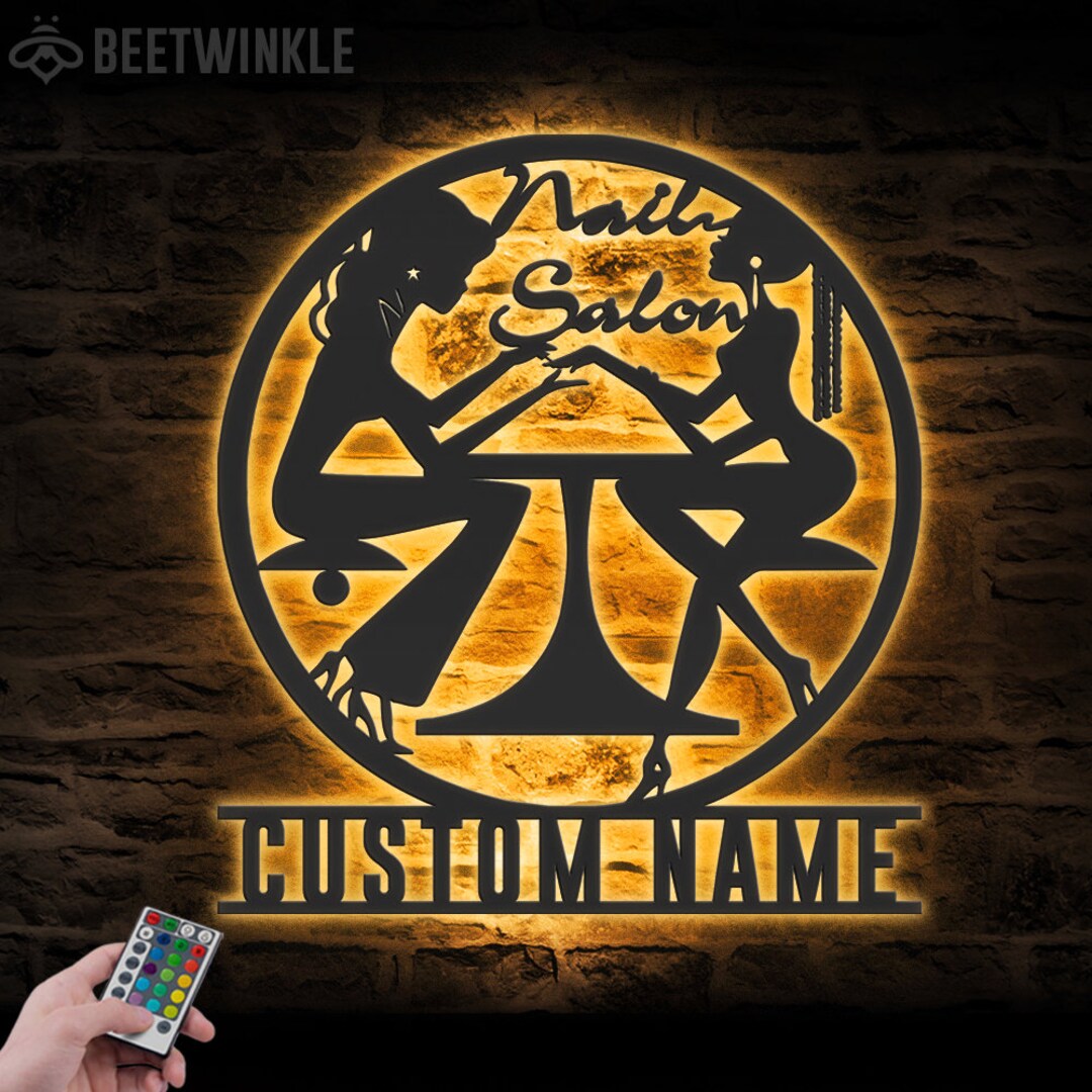 Custom Nail Tech Metal Wall Art LED Light Personalized Nail Salon Name ...