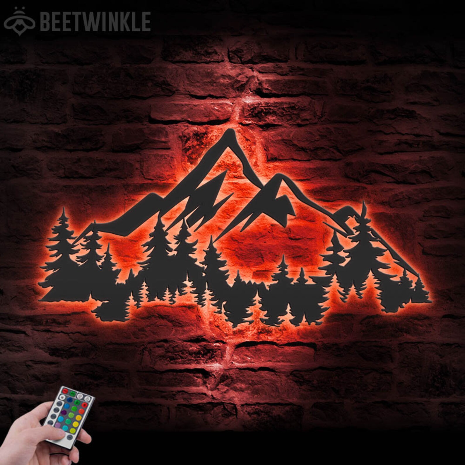 Nature Mountain Forest Metal Wall Art LED Light Hill Tree Large ...
