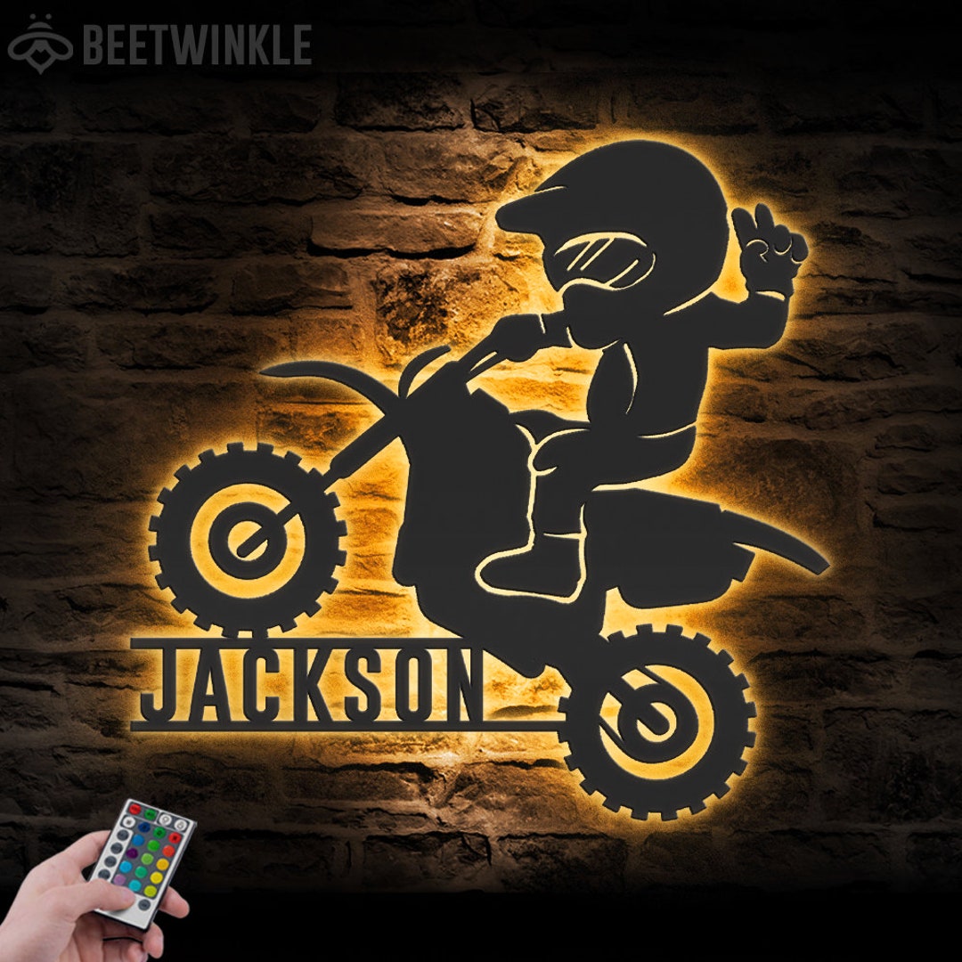 Custom Motocross Biker Kids Metal Wall Art LED Lights Personalized ...