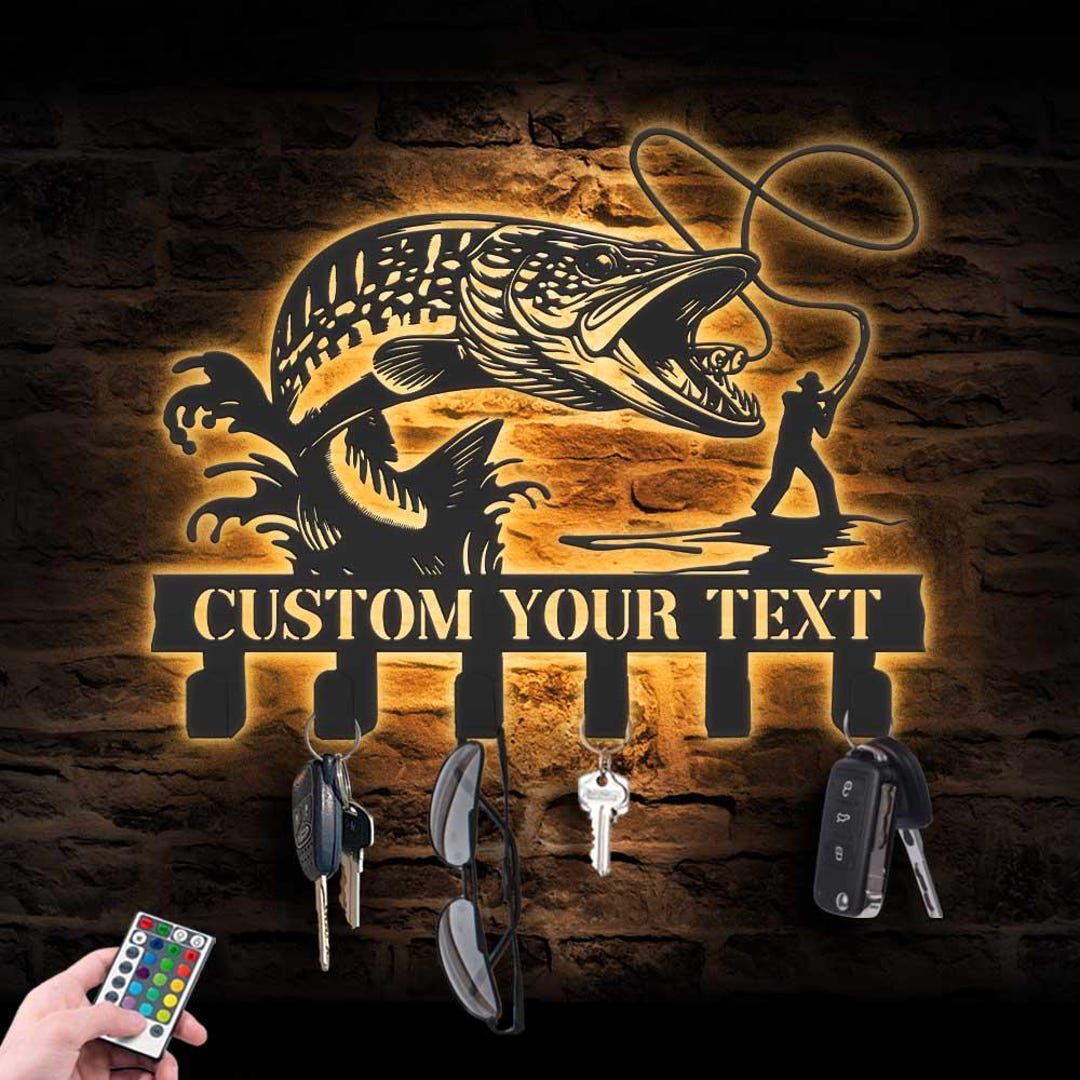 Custom Northern Pike Fishing Key Holder Metal Wall Art LED Light ...