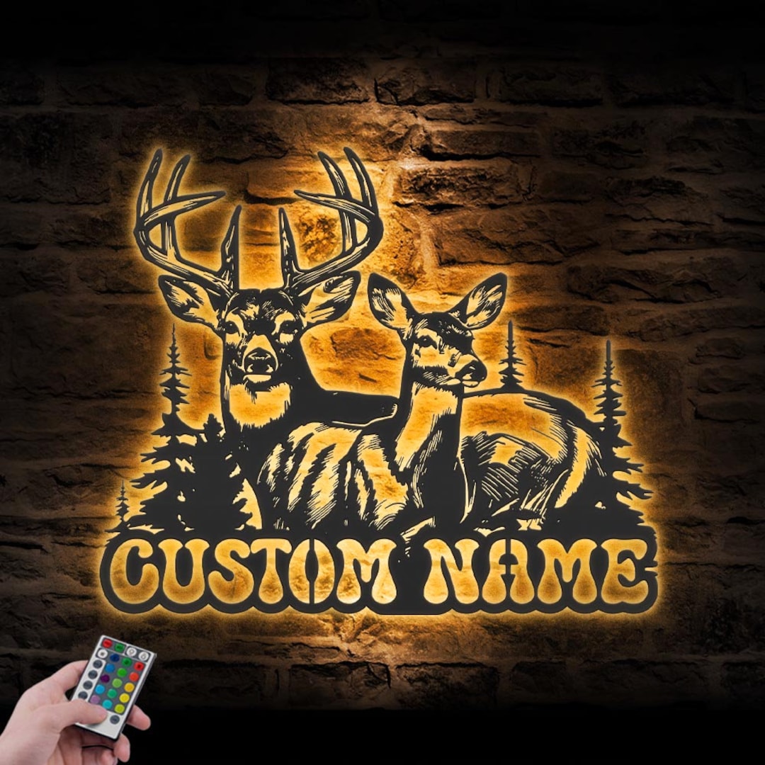 Custom Couple Deer Hunting Metal Wall Art LED Light Personalized Big ...