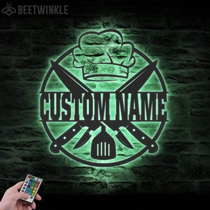 Custom Chef Logo Metal Wall Art LED Light Personalized Backyard Cooking ...