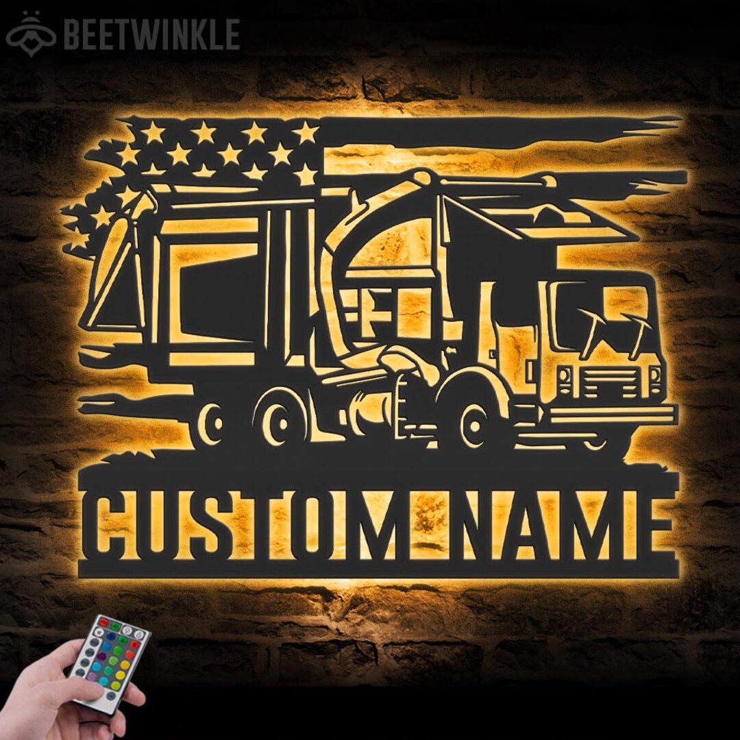 Custom US Garbage Truck Driver Metal Wall Art LED Light Personalized ...