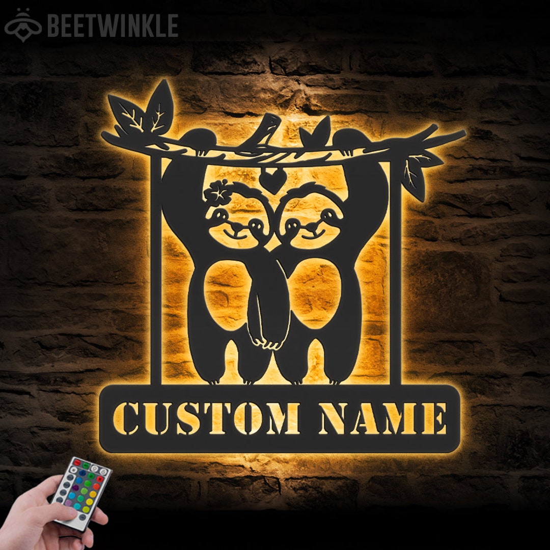 Custom Cute Couple Sloth Love Metal Wall Art LED Light Personalized ...