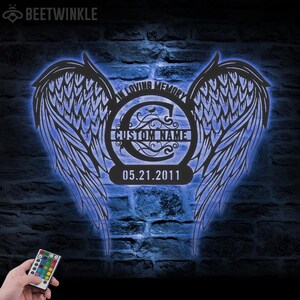 Custom Angel Wings Name Date Metal Wall Art LED Light Personalized ...