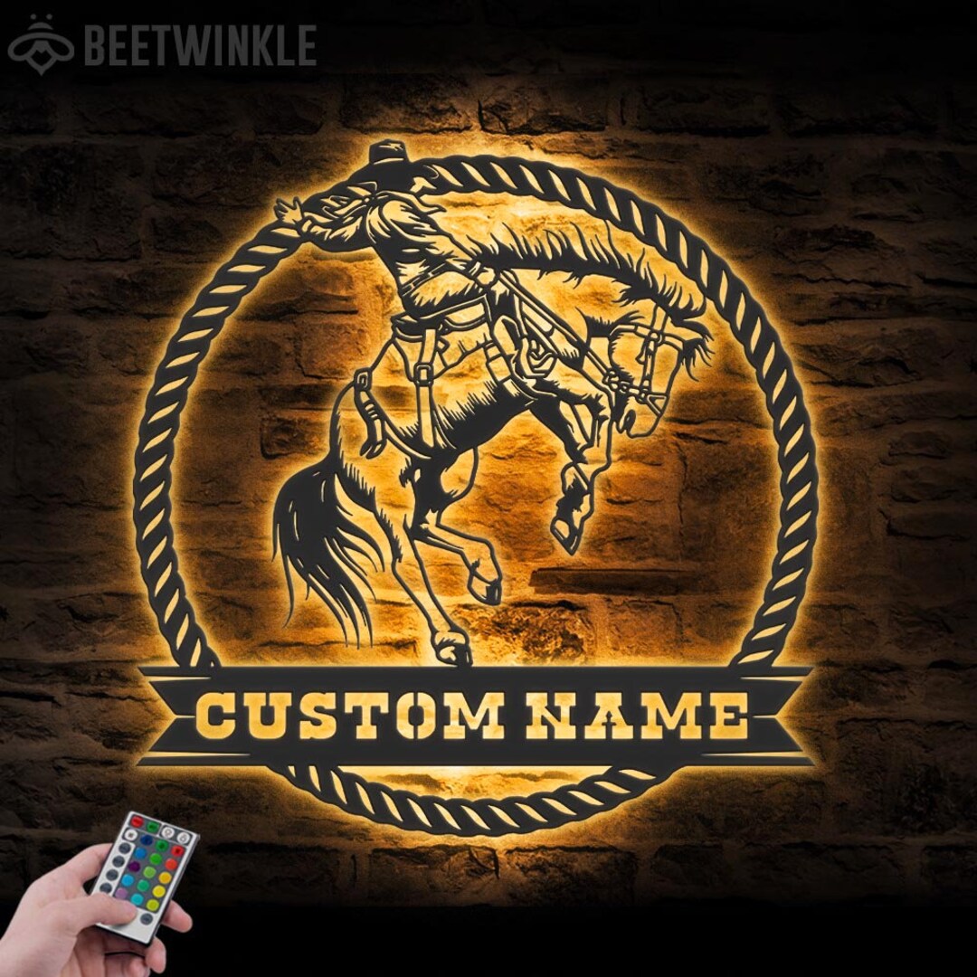 Custom Western Cowboy Roping Metal Wall Art LED Light Personalized Tie ...