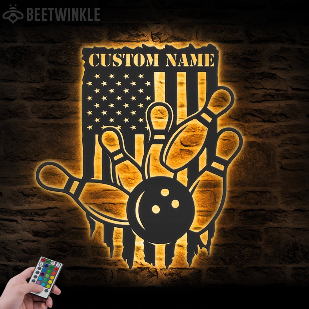 Custom US Bowling Metal Wall Art With LED Light Personalized Bowling ...