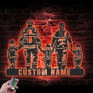 Custom Family Firefighter Metal Wall Art LED Light Personalized Fireman ...