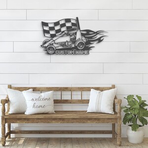 Custom Racing Flag Sprint Car Metal Wall Art LED Lights Personalized ...