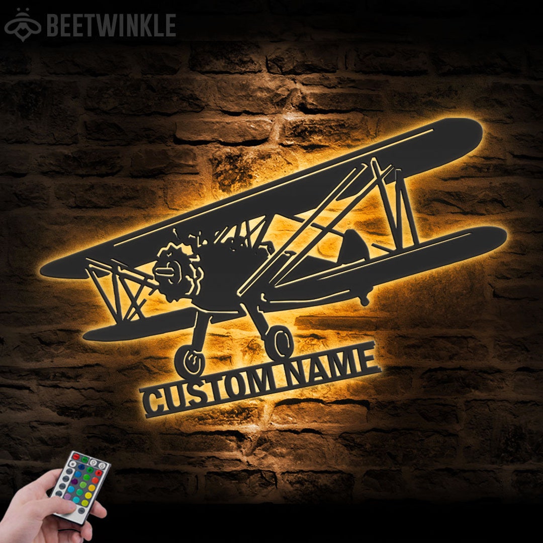 Custom Biplane Airplane Metal Wall Art LED Light Personalized Pilot ...