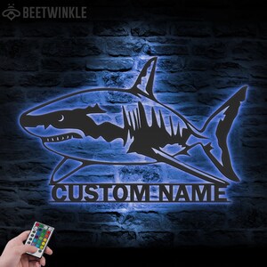 Custom Great White Shark Metal Wall Art LED Light Personalized Shark ...