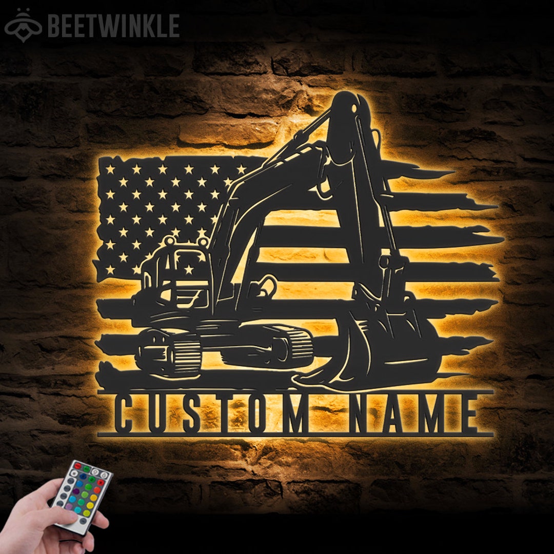 Custom US Excavator Driver Metal Wall Art LED Light Personalized ...