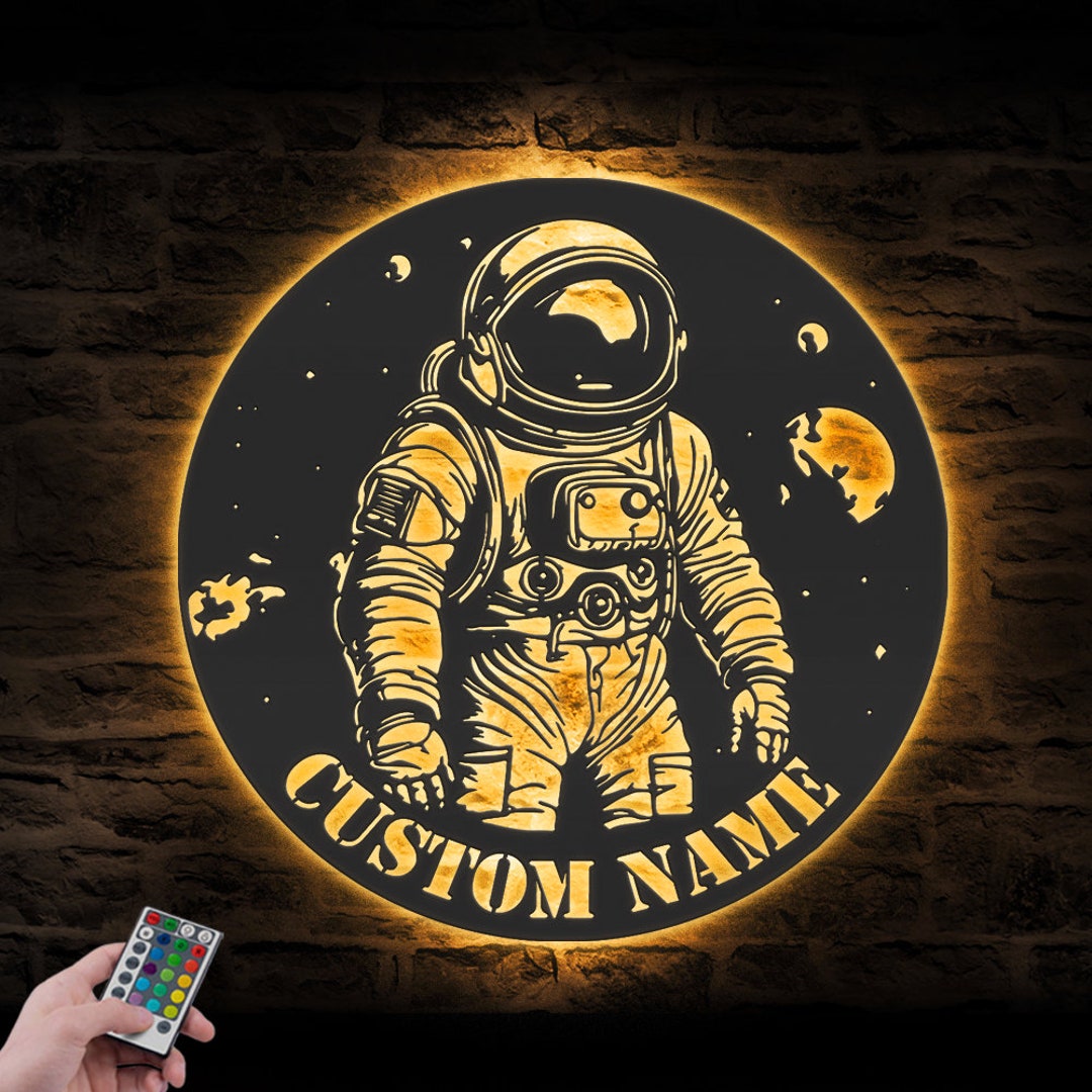 Custom Space Astronaut Metal Wall Art LED Light Personalized Cosmonaut ...