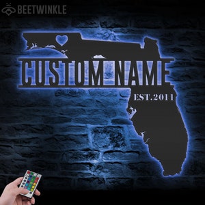 Custom Florida Map Metal Wall Art LED Lights Personalized Florida State ...