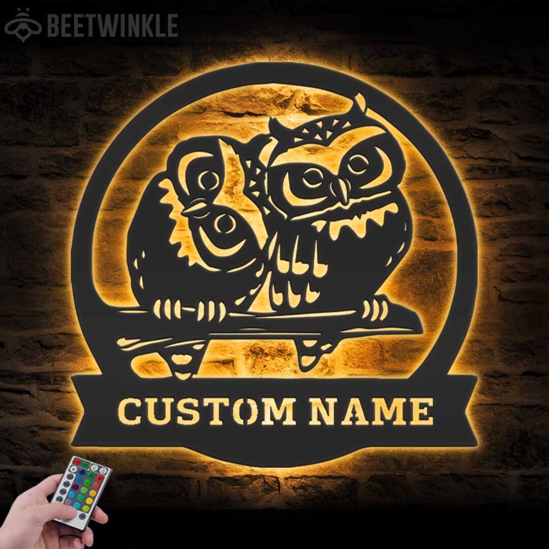 Custom Couple Owl Metal Wall Art With LED Light Personalized Owl Family ...