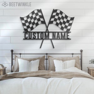 Custom Start Finish Racing Flag Metal Wall Art LED Light Personalized Race Checkered Flag Name ...